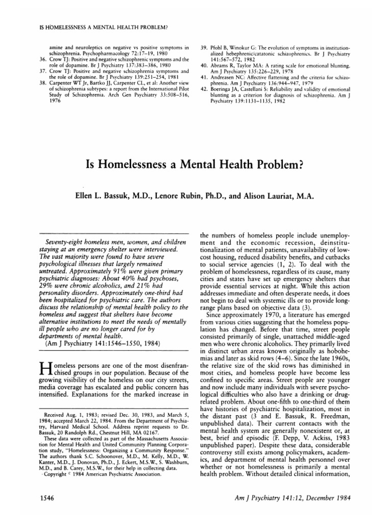 Is Homelessness A Mental Health Problem?: Ellen L. Bassuk, M.D., Lenore ...