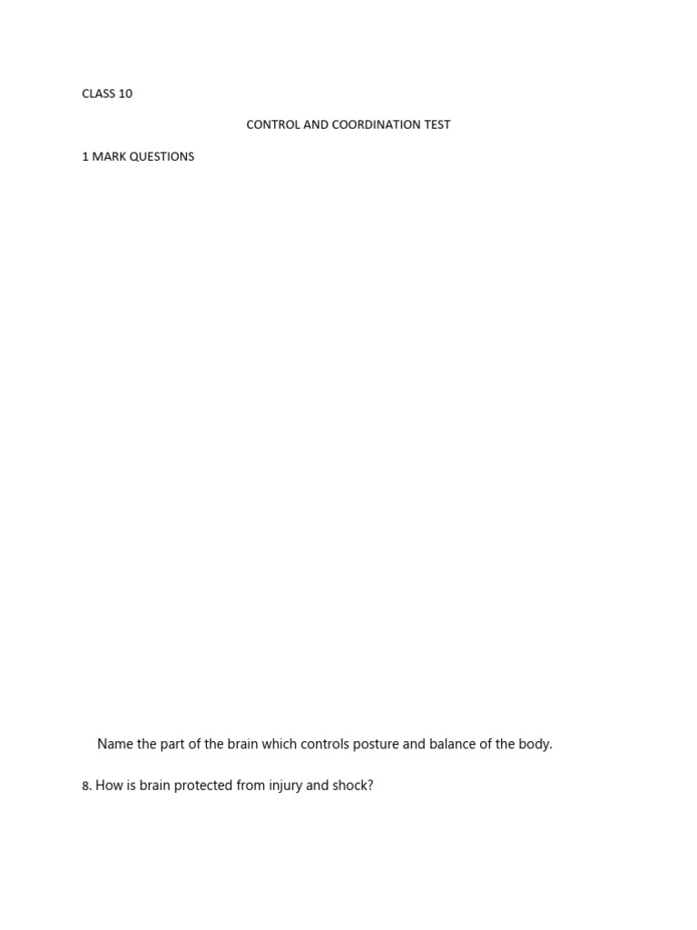 CLASS 10 Control and Coordination Test | PDF