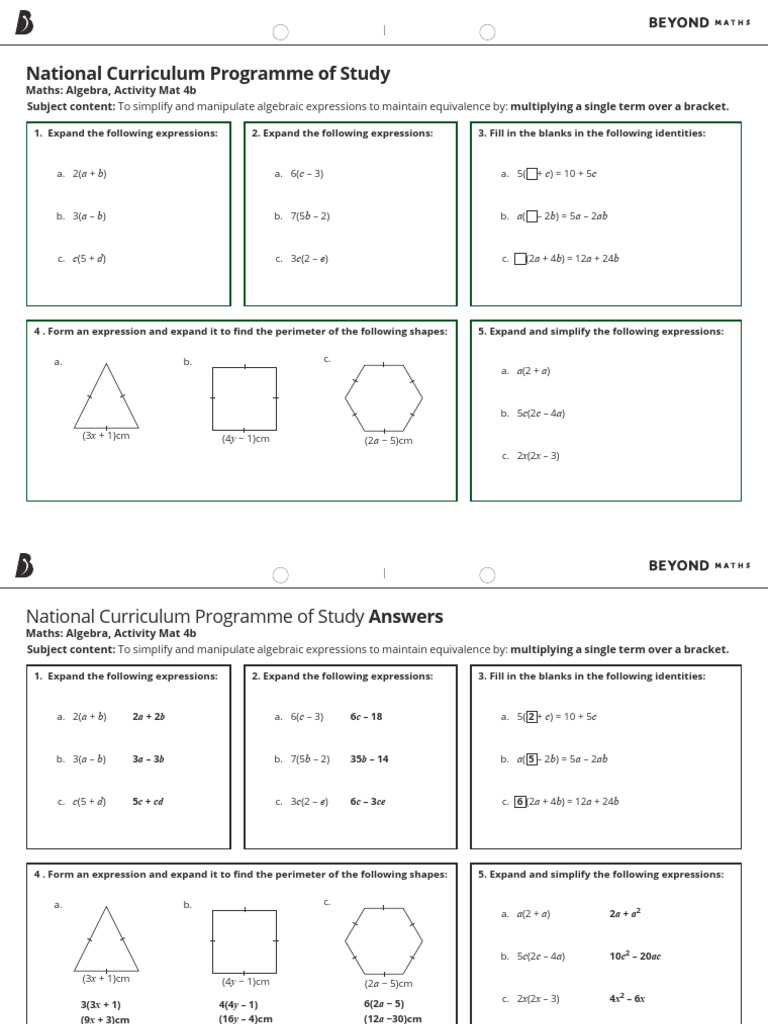 Mat 4b - National Curriculum Descriptors Algebra Set 1 | PDF