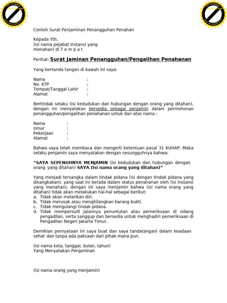 Surat Jaminan Penangguhan Atau Pengalihan Penahanan | PDF