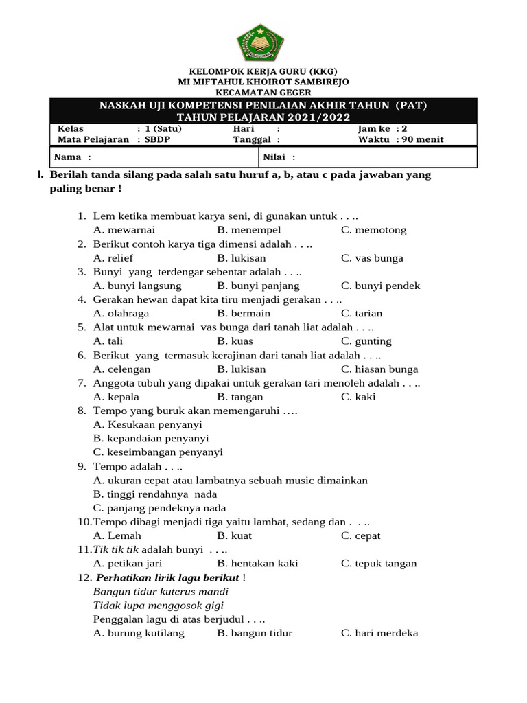 1 SOAL PAT SBDP KELAS 1 2022 | PDF