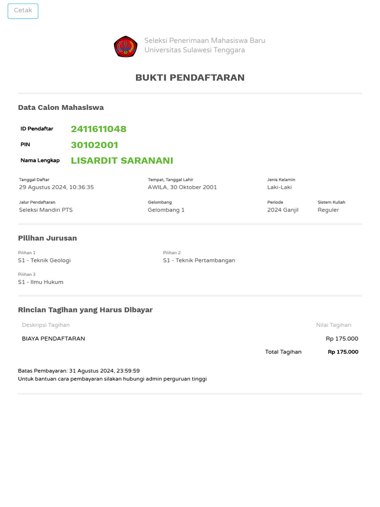 Universitas Sulawesi Tenggara - Seleksi Penerimaan Mahasiswa Baru - Bukti Pendaftaran | PDF