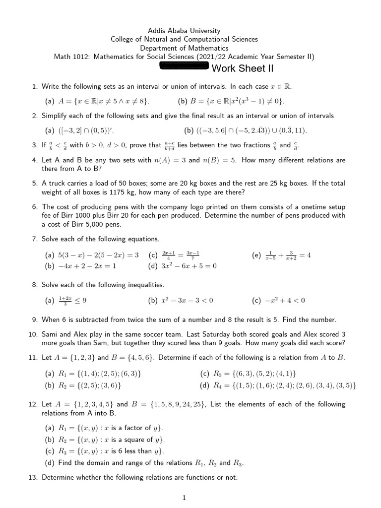 Worksheet II-math1012 | PDF