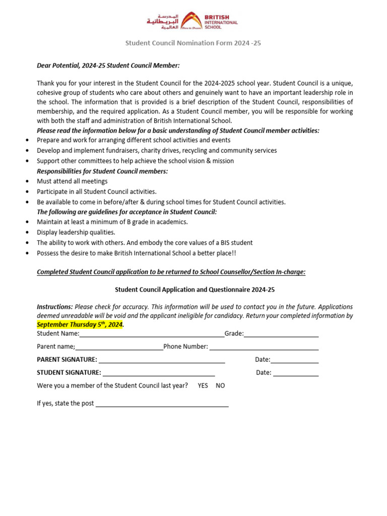 Student Council Nomination Form - 2024-25 | PDF Student Council Nomination Form - 2024-25 | PDF