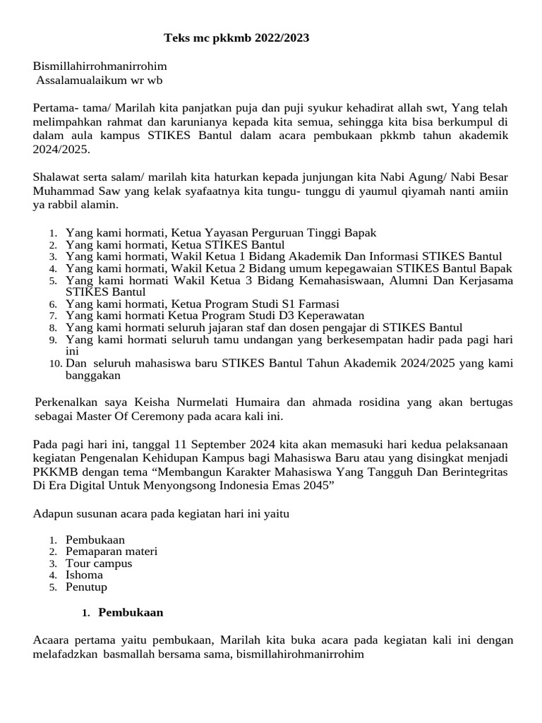 Teks MC PKKMB HARI KE 2 DAN 3 | PDF