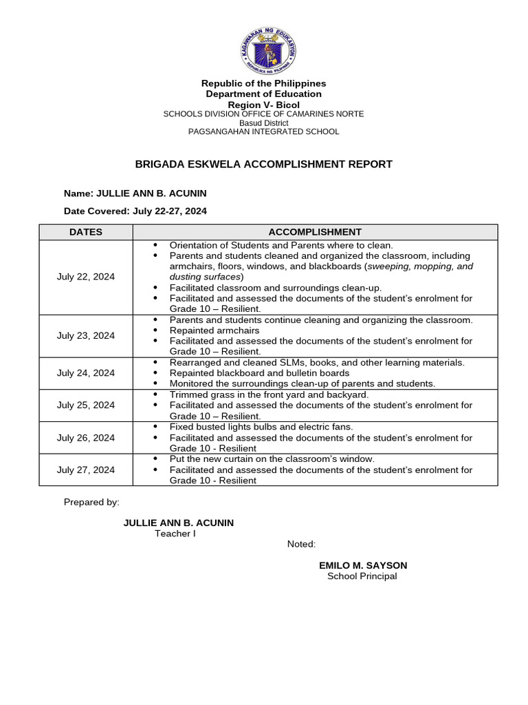 Brigada Eskwela Accomplishment Report | PDF