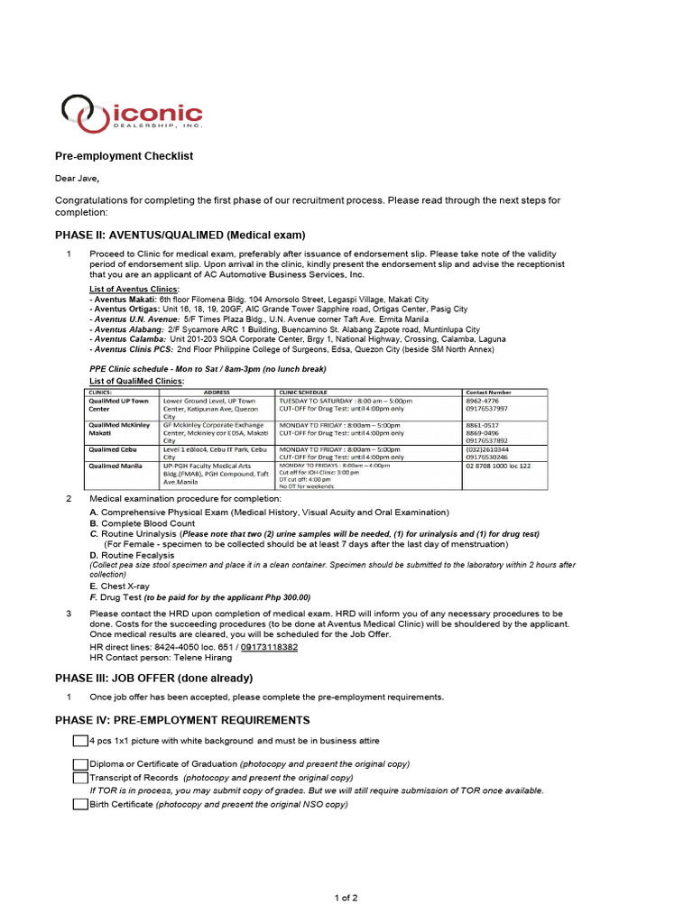 Idi Pre Employment Checklist - Ong | PDF
