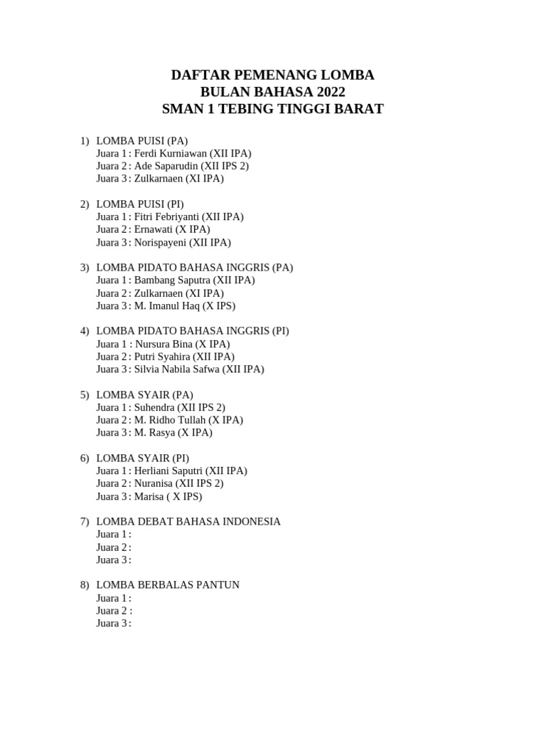 Daftar Pemenang Lomba Bulan Bahasa | PDF