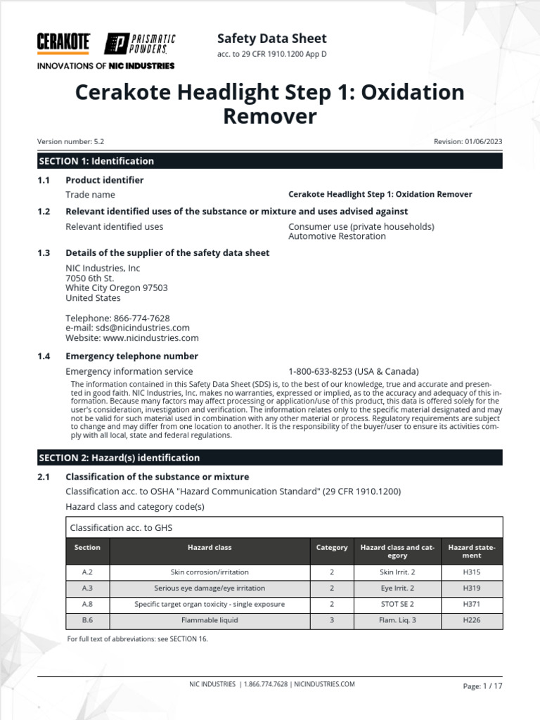 Cerakote Headlight Step 1 Oxidation Remover SDS v5.2 | PDF | Safety | Occupational Safety And Health