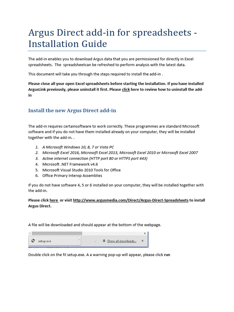 Argus Direct For Spreadsheets Installation Guide | PDF