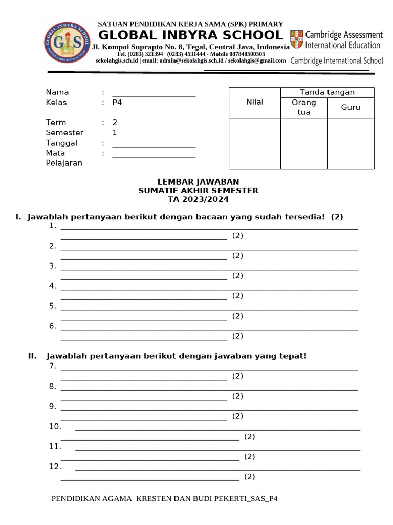 LEMBAR JAWAB STS 1 P4 | PDF