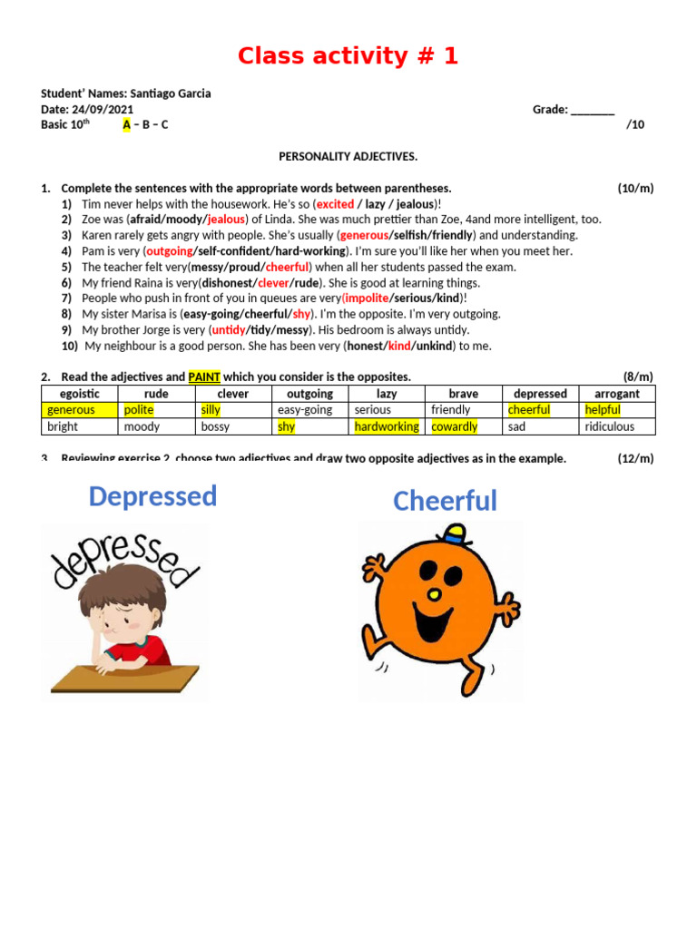1 Class SS. Activity (Q) Personality Adjectives. | PDF
