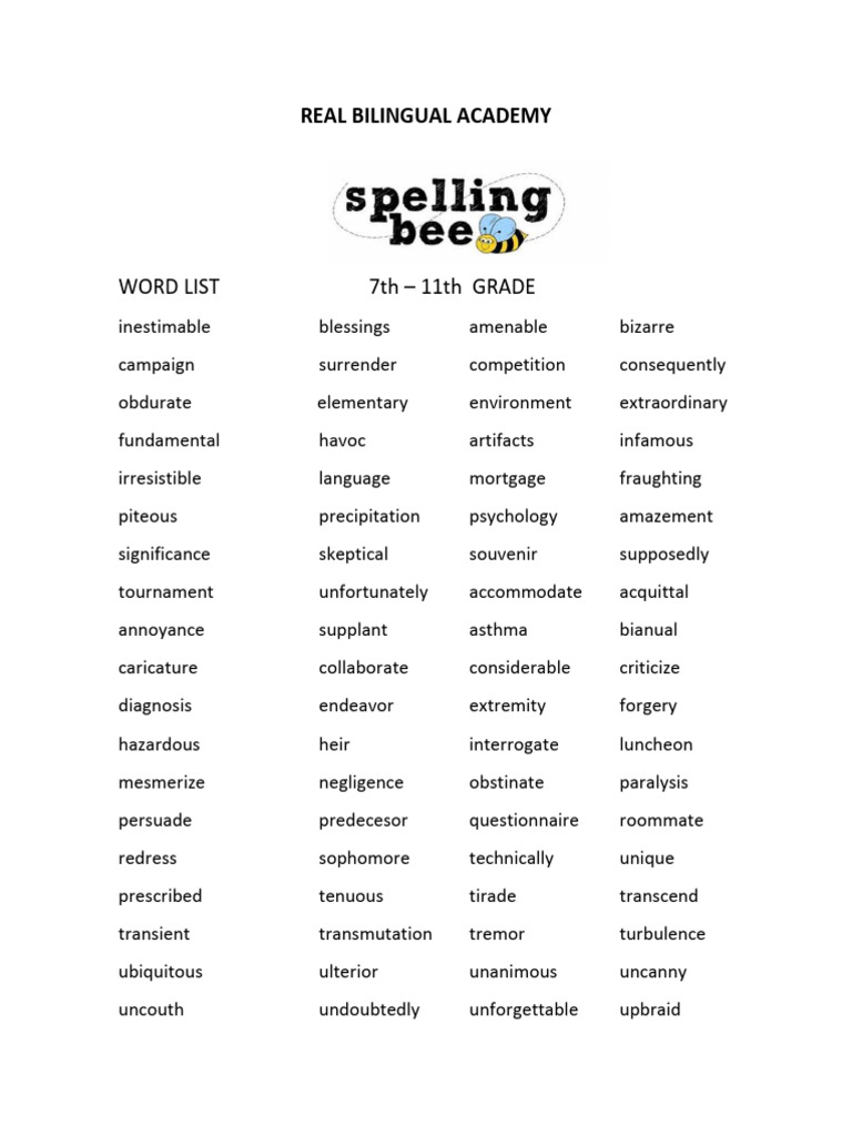 Spelling Bee 7th - 11th | PDF
