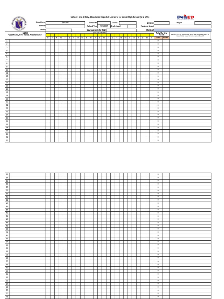 AUTO - SF2 FOR SHS Without Saturdays | PDF