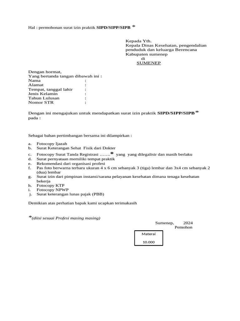Contoh Surat Permohonan Pengajuan SIP | PDF