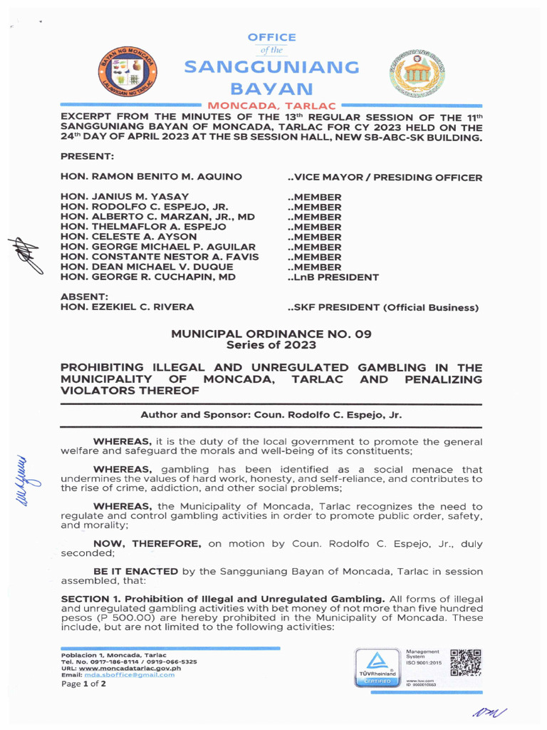 Municipal Ordinance No. 9 2023 Illegal Gambling | PDF