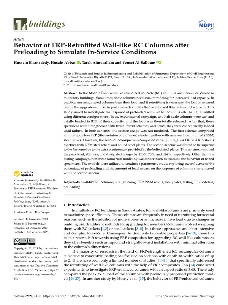 Behavior of FRPRetrofitted Walllike RC Columns After Preloading To Simulate InService ...