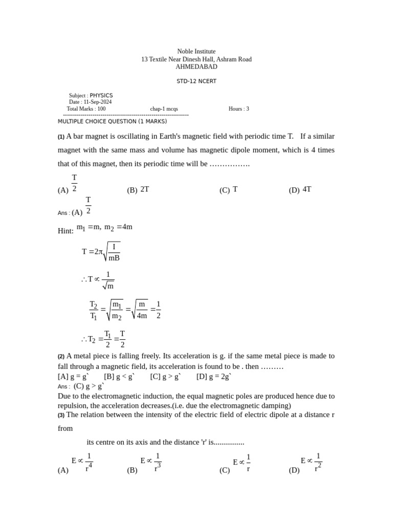 Chap-1to9 Mcqs Std.12 Ans+Que | PDF