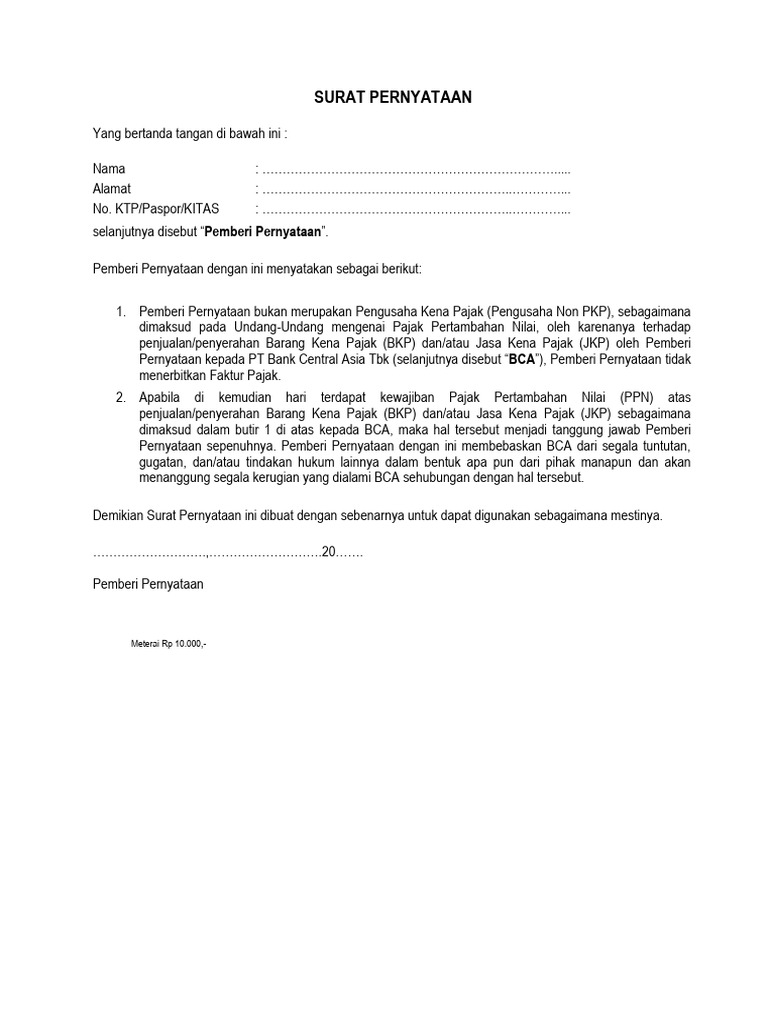 Surat Pernyataan Non-Pkp (Perorangan) | PDF