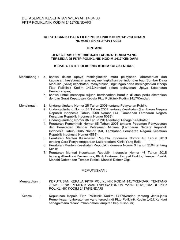 3.1.1.1 SK Jenis-jenis Pemeriksaan Laboratorium yang Tersedia | PDF