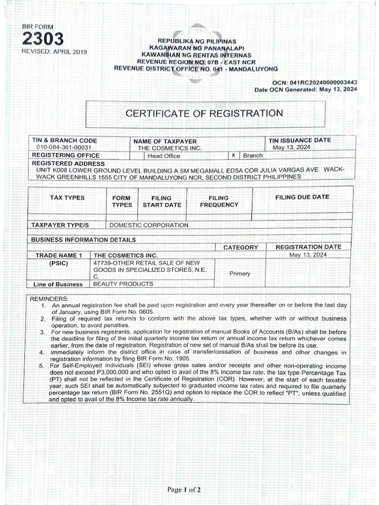 The Cosmetics Inc. - Venofye-Sm Megamall - Cor 2303 | PDF
