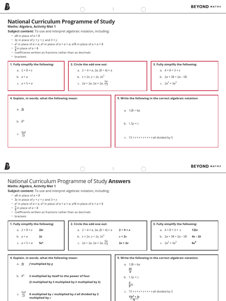 Mat 1 - National Curriculum Descriptors Algebra Set 1 | PDF