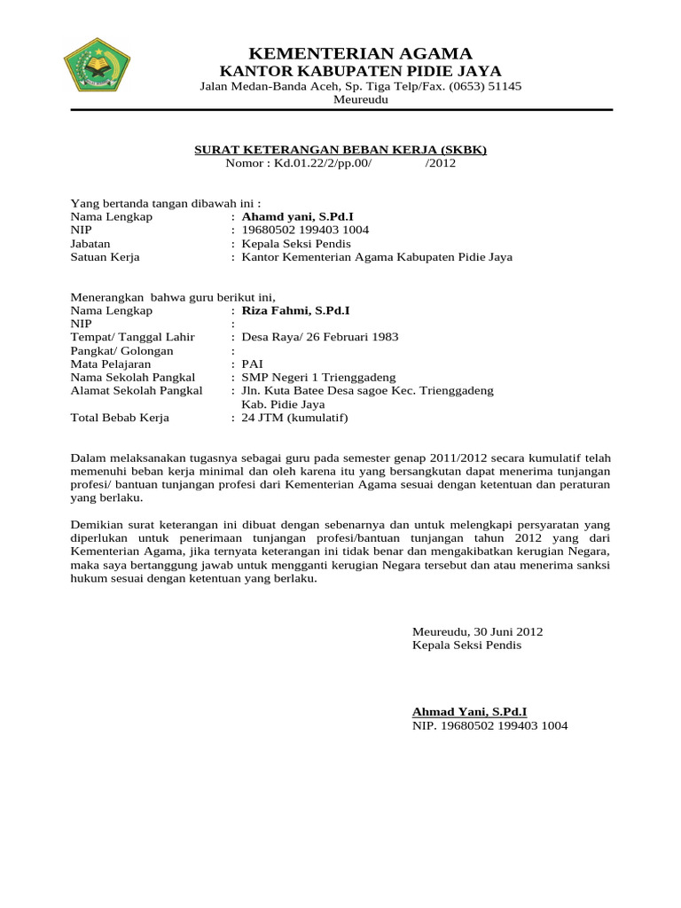 Surat Keterangan Beban Kerja (SKBK) | PDF