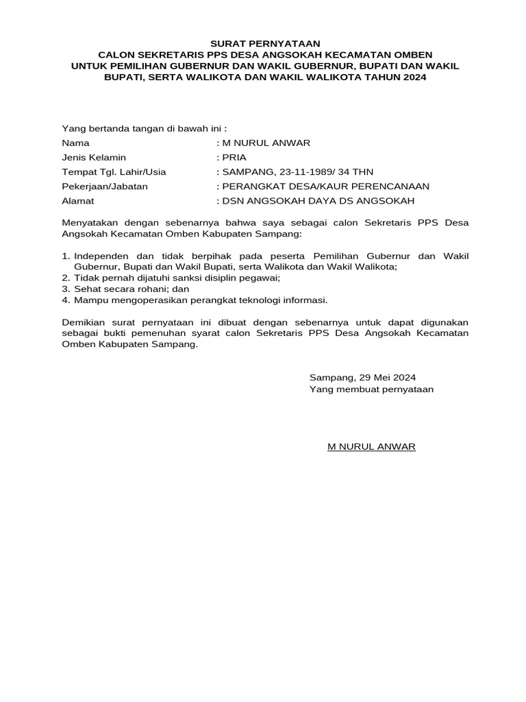 Surat Pernyataan Calon Sekretaris PPS | PDF