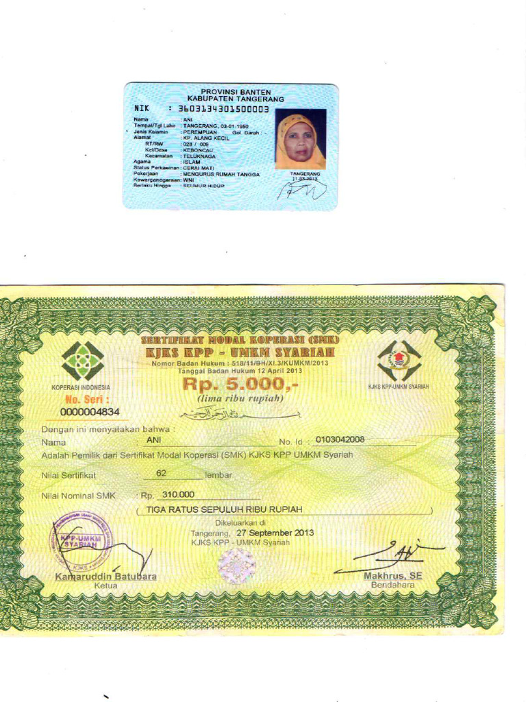 KTP DAN SERTIFIKAT KOPERASI ( DEPAN ) | PDF