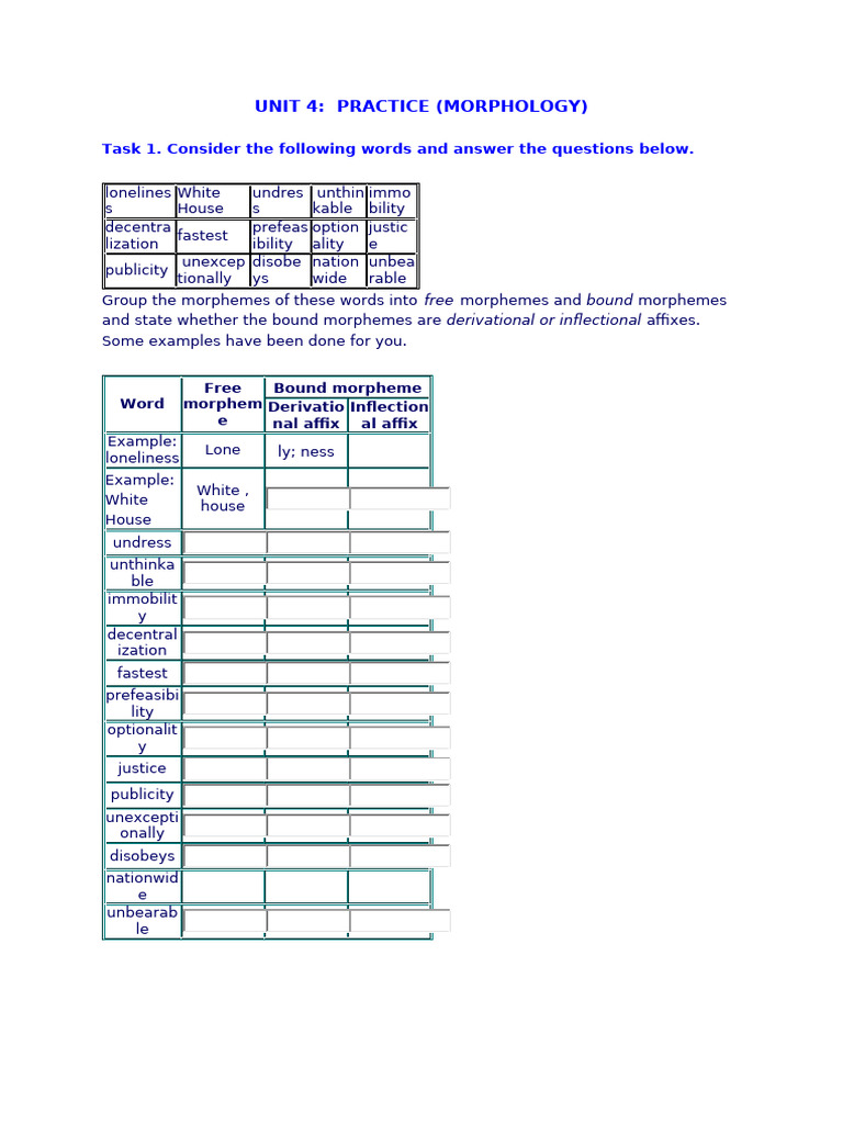 Bài tập MORPHOLOGY | PDF