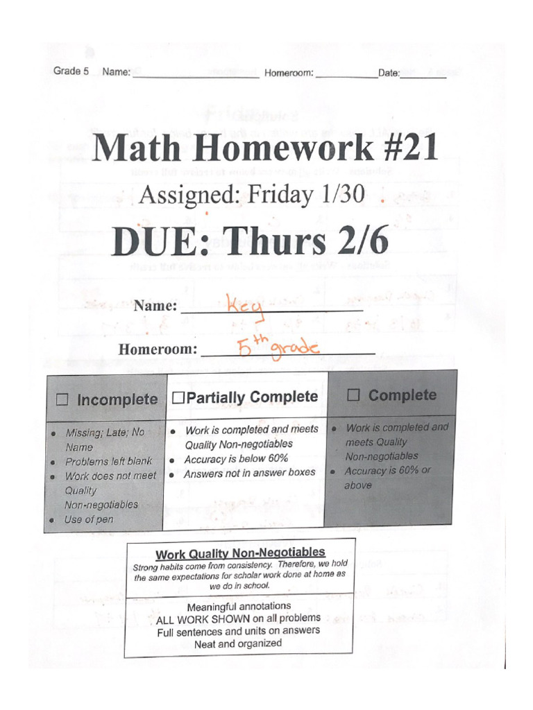 5 Grade HW Exemplar # 21 | PDF