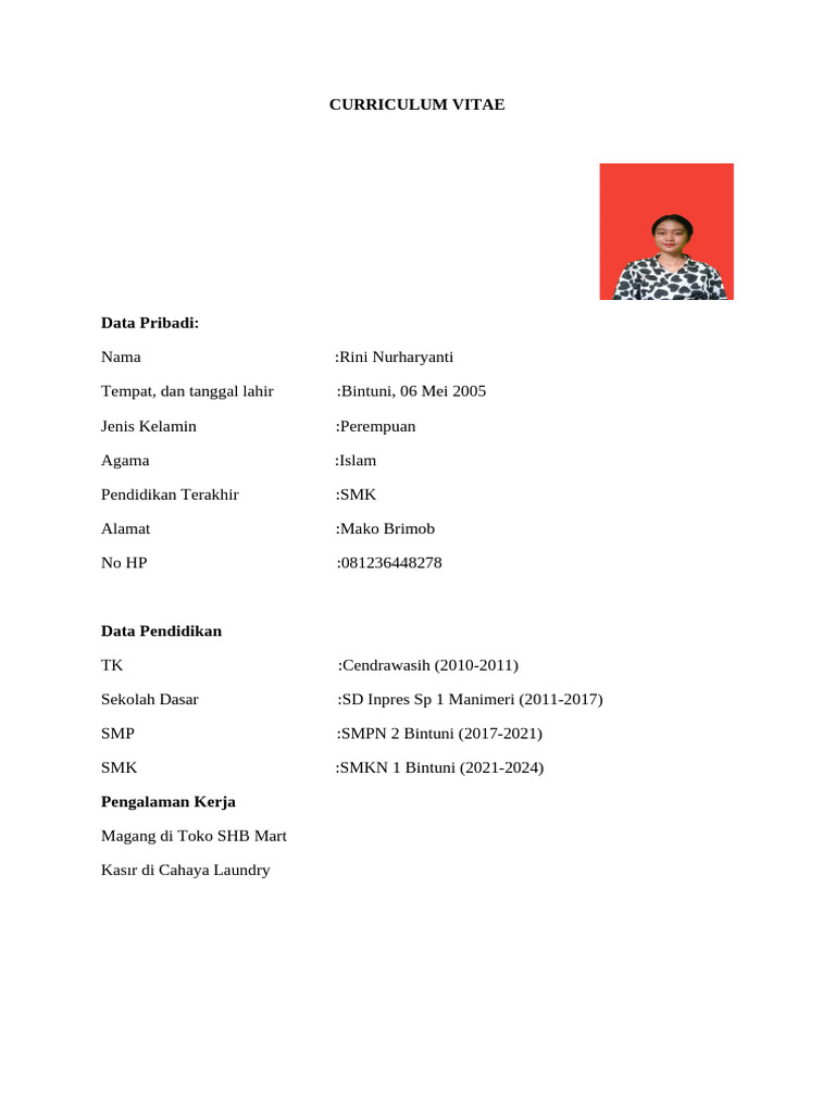 Daftar Riwayt Hidup (Rini) | PDF