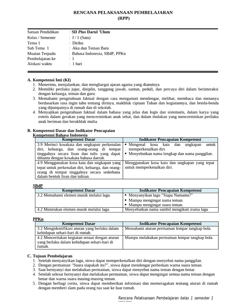 RPP Kelas 1 Tema 1 - 6 | PDF