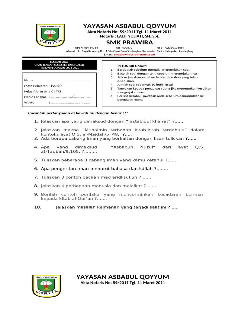 Soal Pts Ganjil PAI BP | PDF