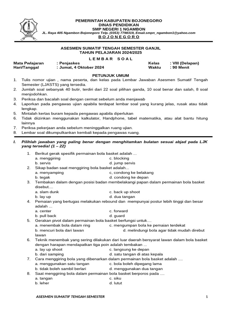 Soal & Kunci Asts Pjok 8 | PDF