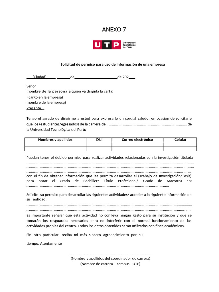 ANEXO 7 - Solicitud de Permiso para Uso de Información de Una Empresa | PDF