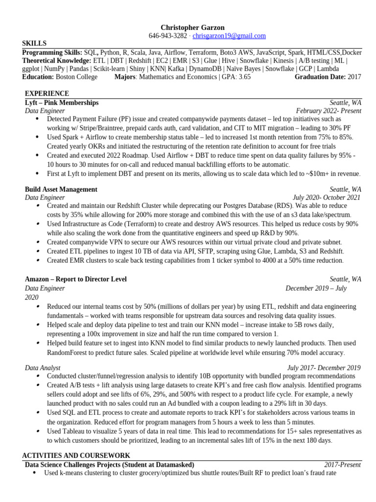 Chris Garzon, Data Engineer - Resume | PDF