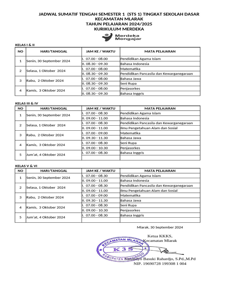 Jadwal Sts 1 TP 2024-2025 | PDF