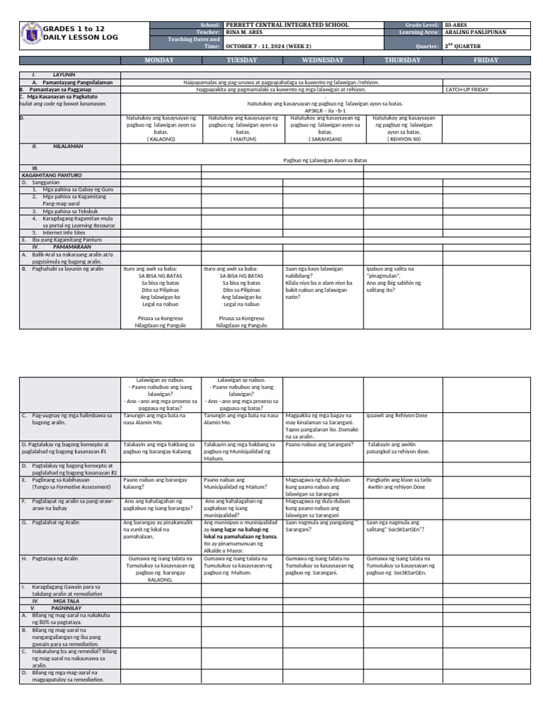 DLL - Araling Panlipunan 3 - Q2 - W2 | PDF