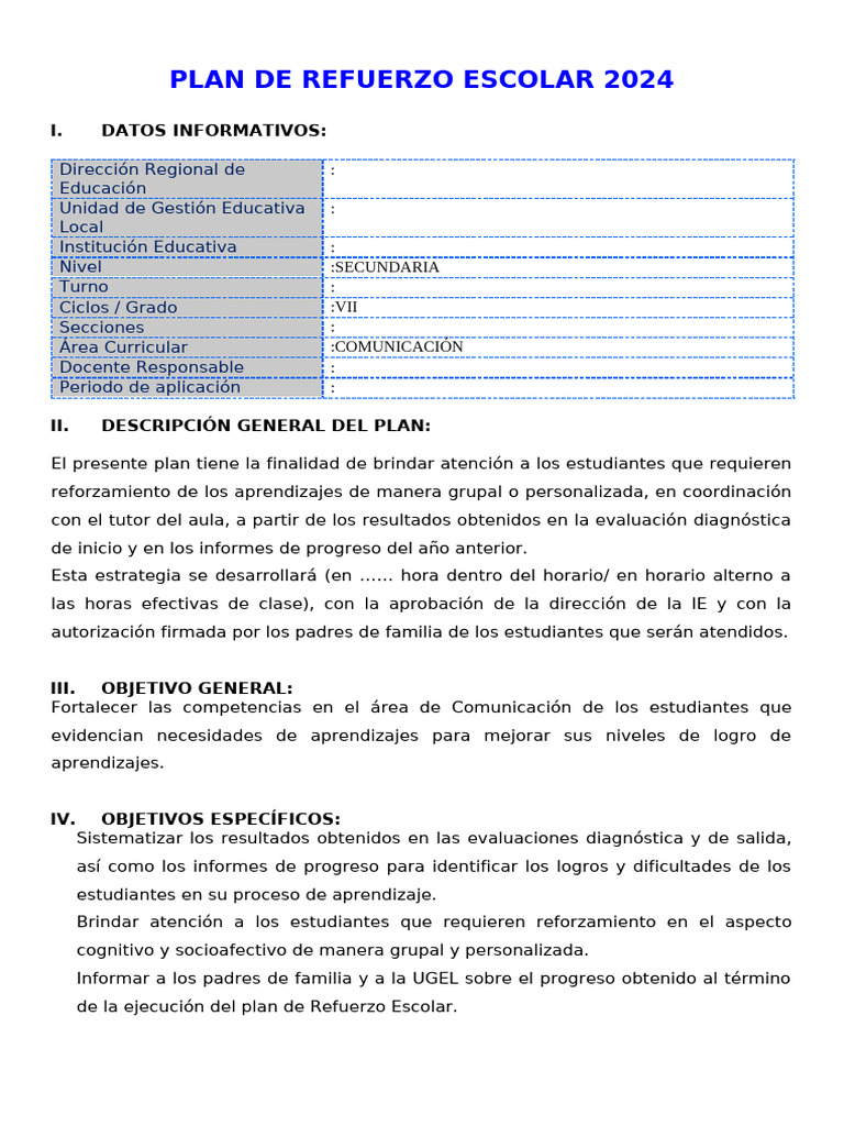 Plan de Refuerzo Escolar 2024 | PDF