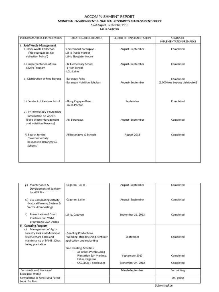 Monthly ACCOMPLISHMENT REPORT | PDF