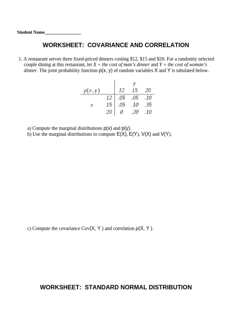 @worksheet 5-Covariance, Correlation and STD NRML Dist | PDF