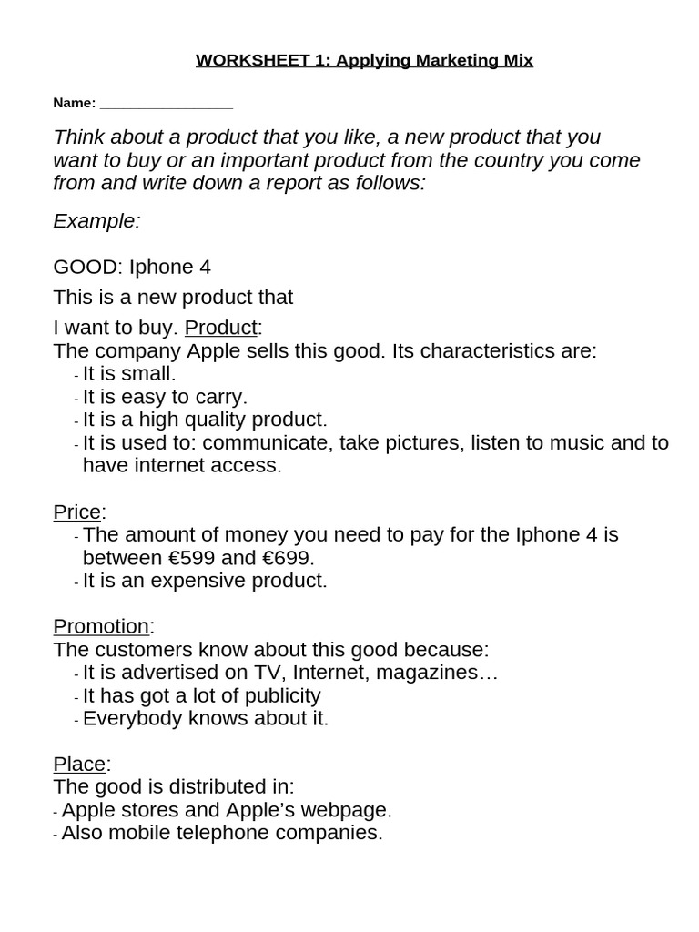 Marketing Mix Worksheet Template | PDF