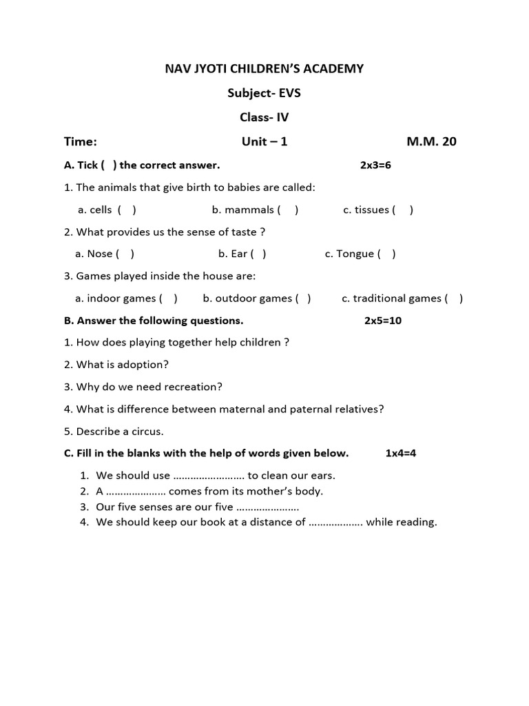 Class 4, Evs | PDF