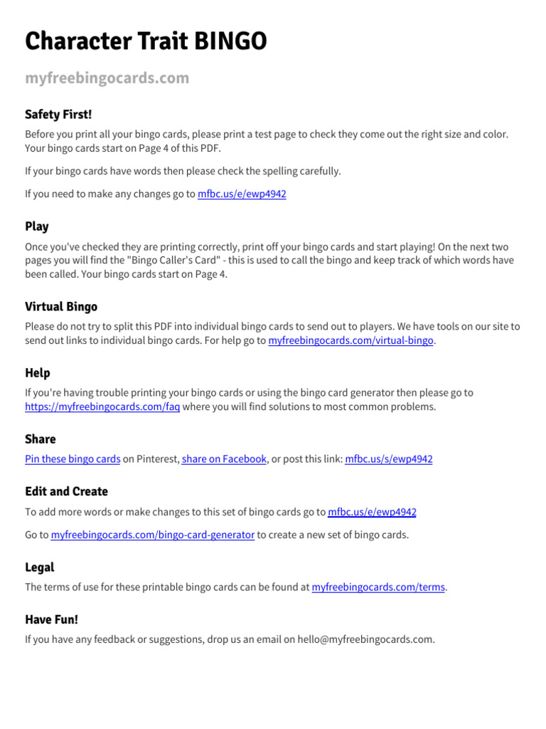 Character Trait BINGO | PDF