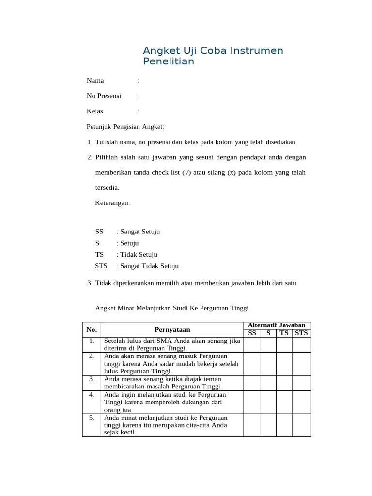 Angket Uji Coba Instrumen Penelitian | PDF