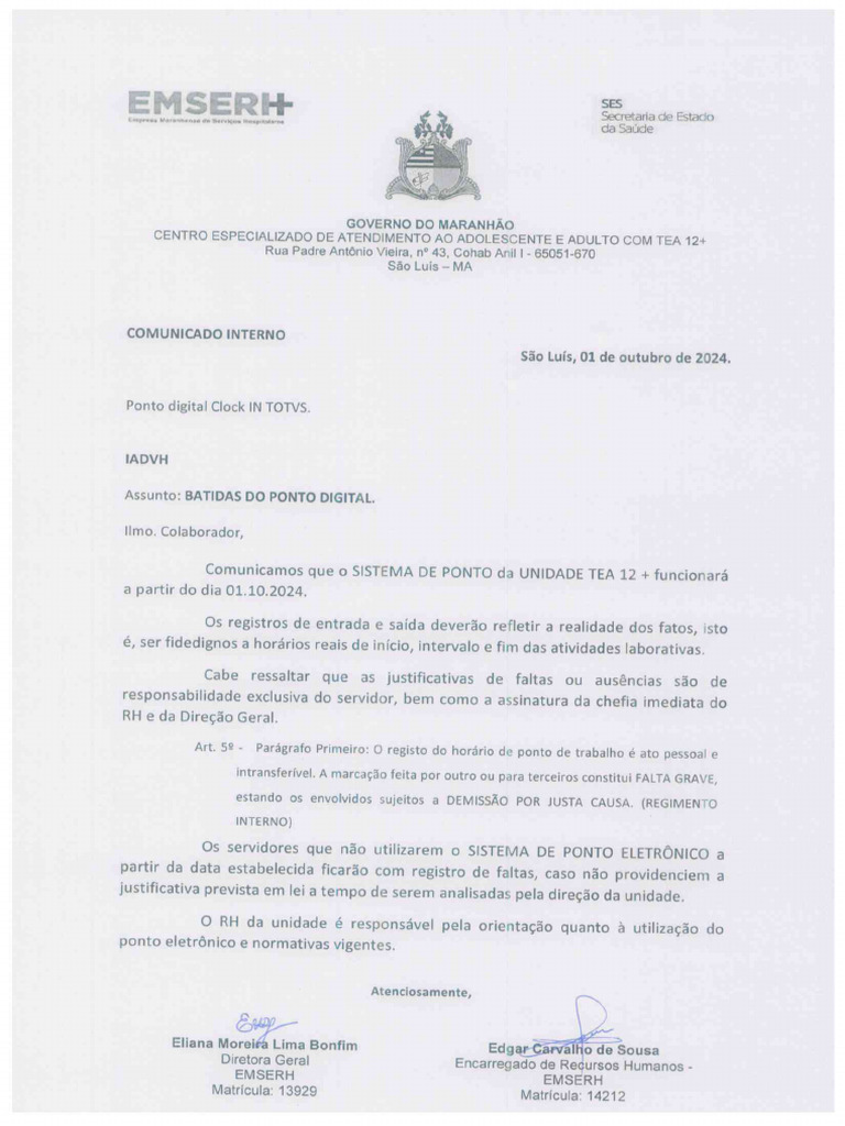 COMUNICADO INTERNO-BATIDAS DO PONTO DIGITAL. | PDF