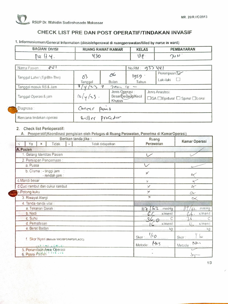 Check List Pre Dan Post Operatif-Transfer Pasien Dari Dan Ke Kamar ...