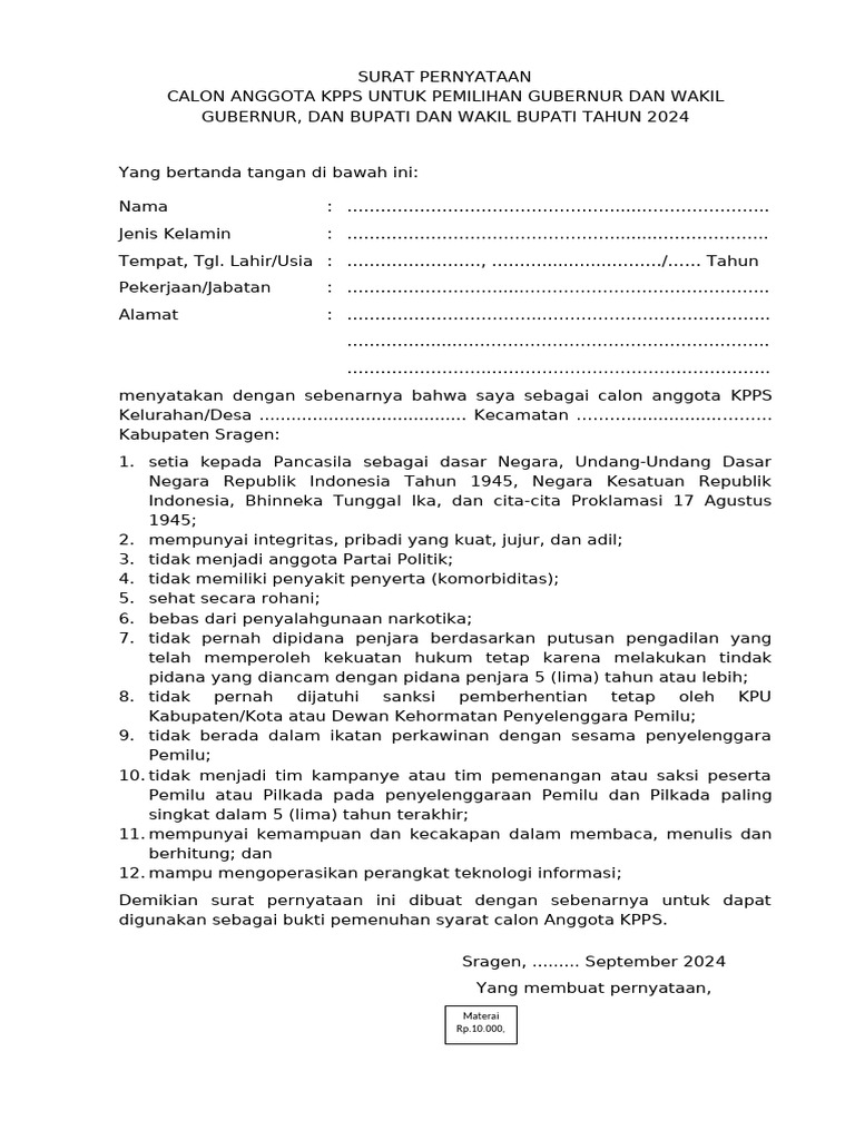 Formulir Surat Pernyataan - KPPS | PDF