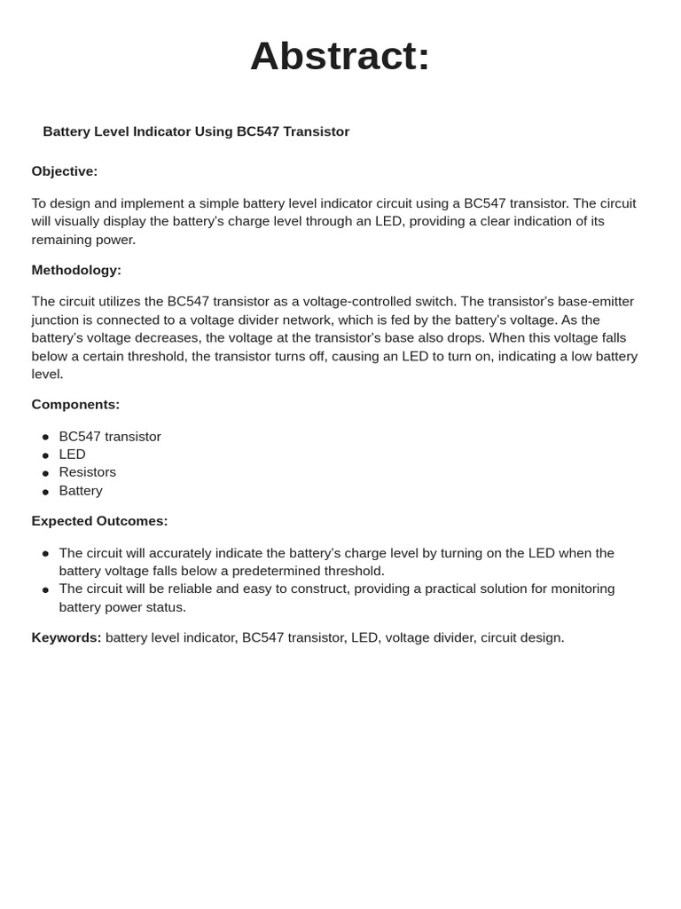 Abstract Battery Level Indicator Using BC547 Transistor | PDF